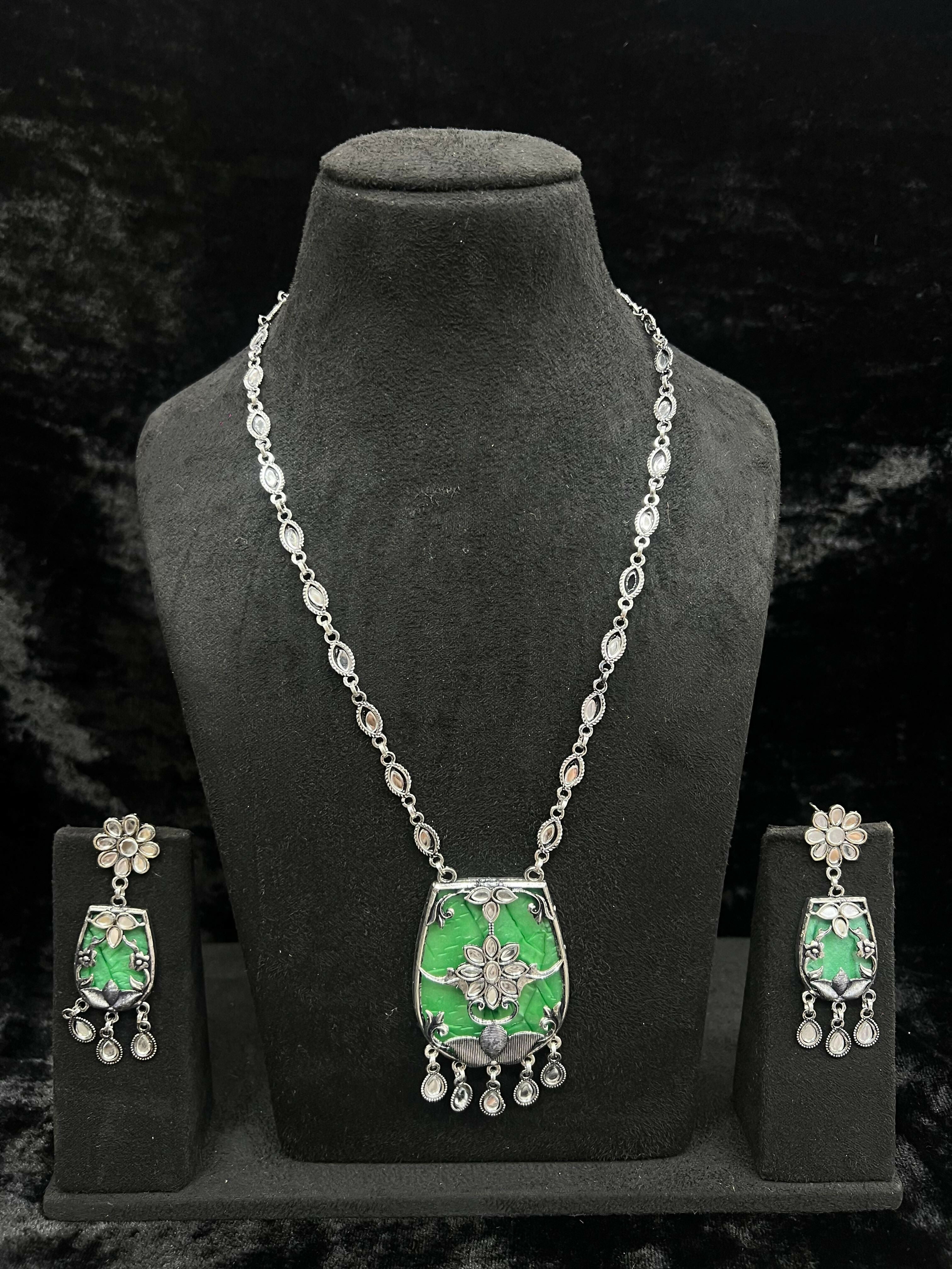 Antique Oxidized Silver coated Necklace Set with Matching Earrings – HalfPe