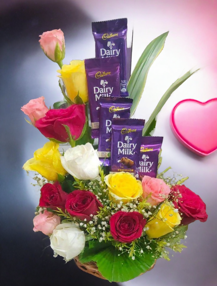 Manikanta Real Flowers Rose & Dairy Milk Delight Basket (Orginal and L – HalfPe