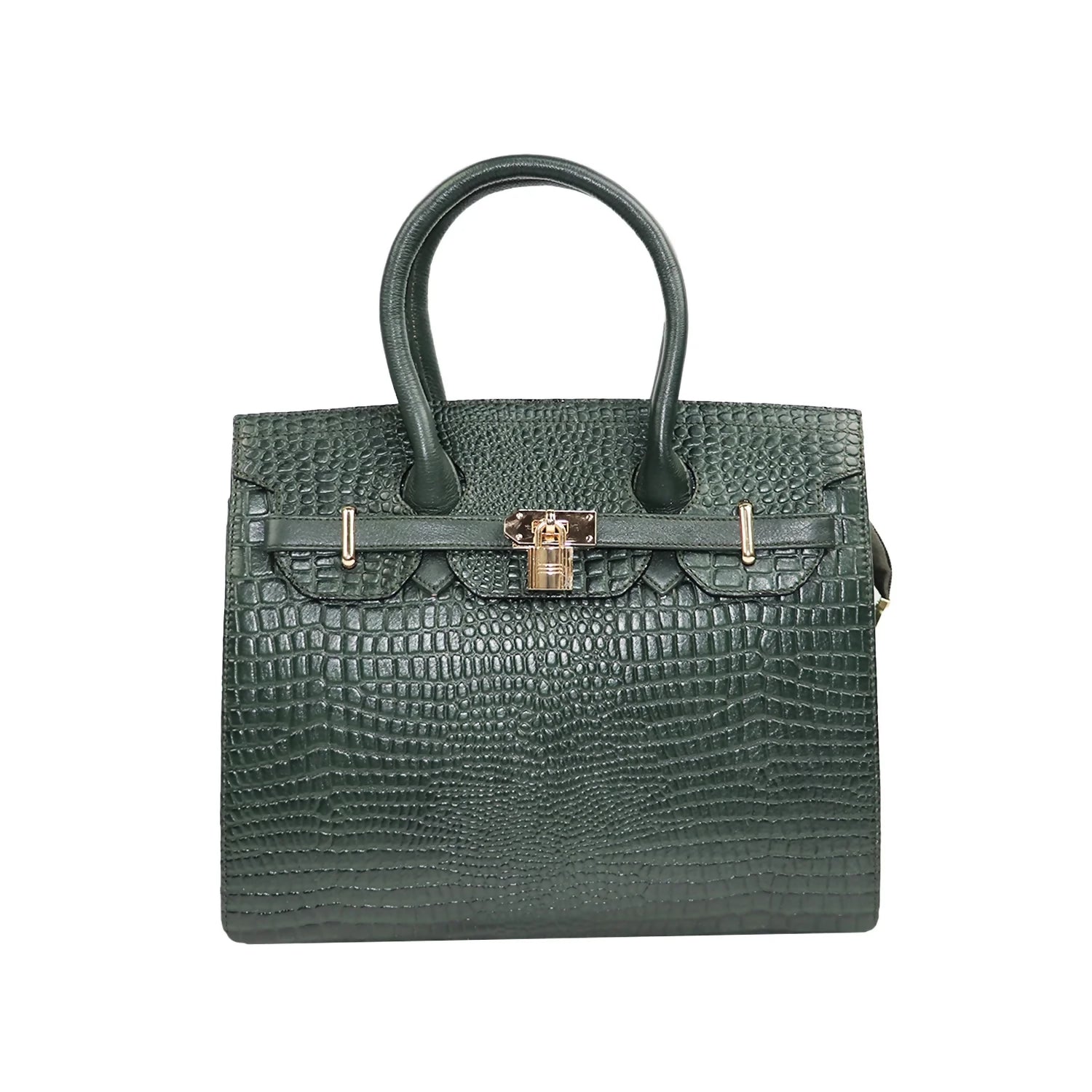 Emerald Green Croc-Embossed Handbag with Gold Lock & Shoulder Strap ...
