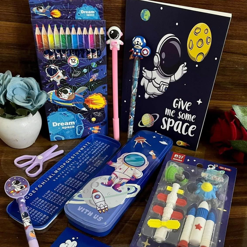Space theme combo with color pencil, geometry box case, scissors pen ...
